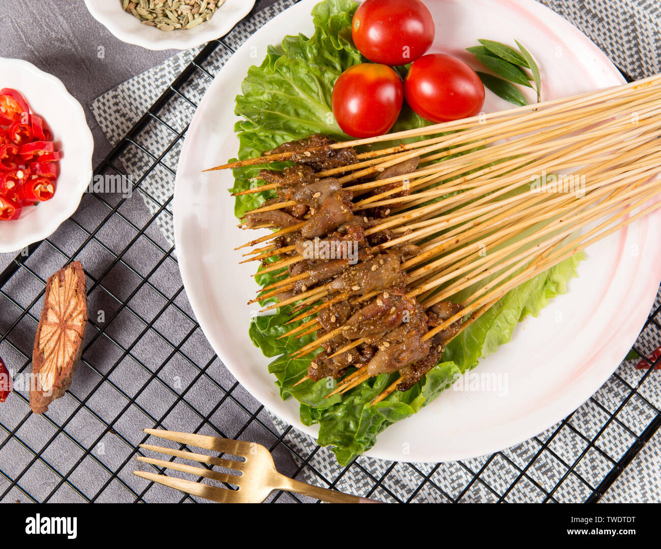 Iron plate barbecue lamb kebab, duck gizzard, lamb, pork beef Stock ...