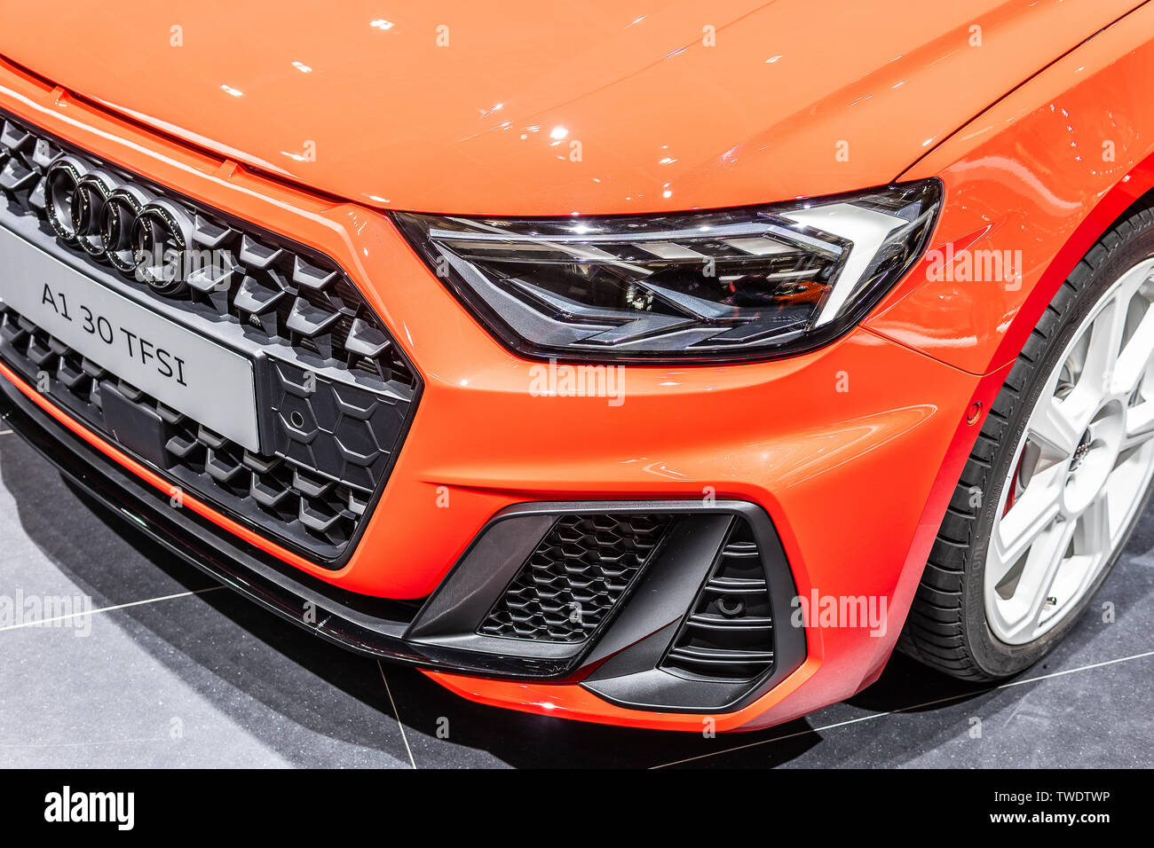 Paris, France, October 03, 2018: metallic red new Audi A1 Sportback ...