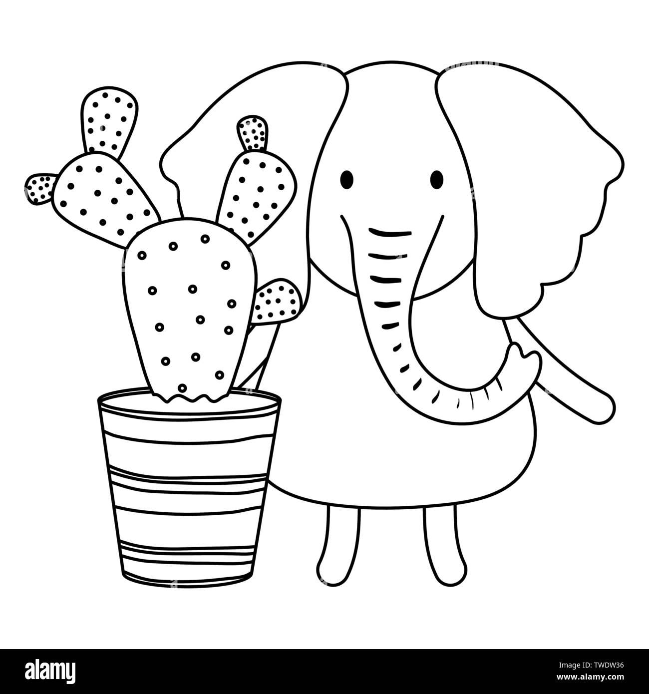 cute elephant with exotic cactus in ceramic pot vector illustration ...