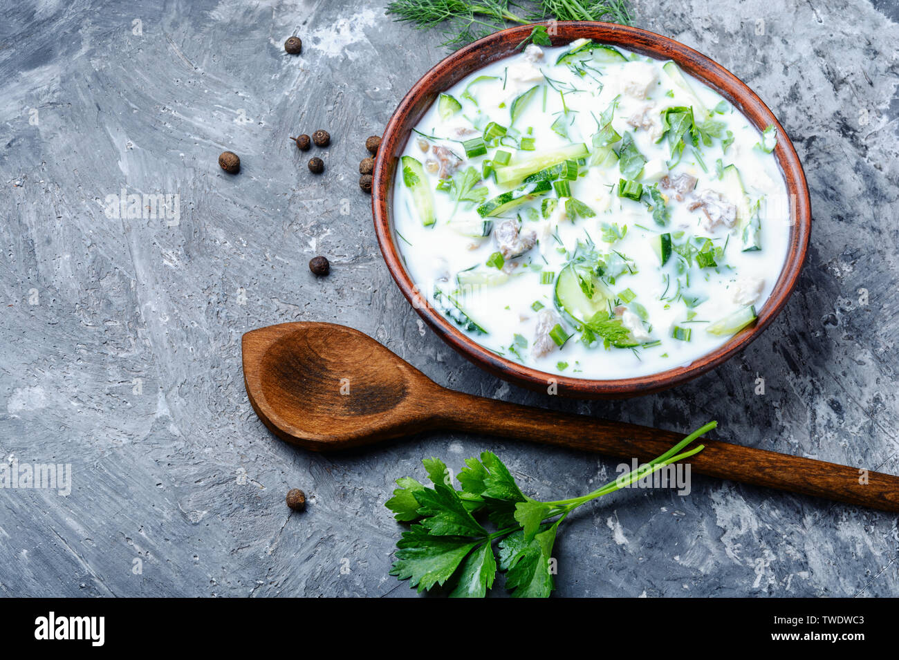 Summer cold soup.Okroshka.Vegetable cold soup.Russian food.Traditional ...