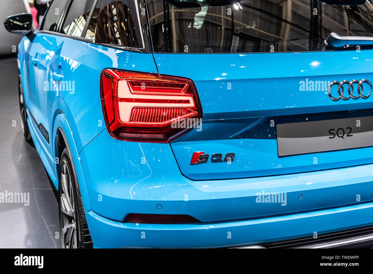 Paris, France, October 03, 2018: metallic blue Audi SQ2 quattro at Mondial Paris Motor Show, SUV ...