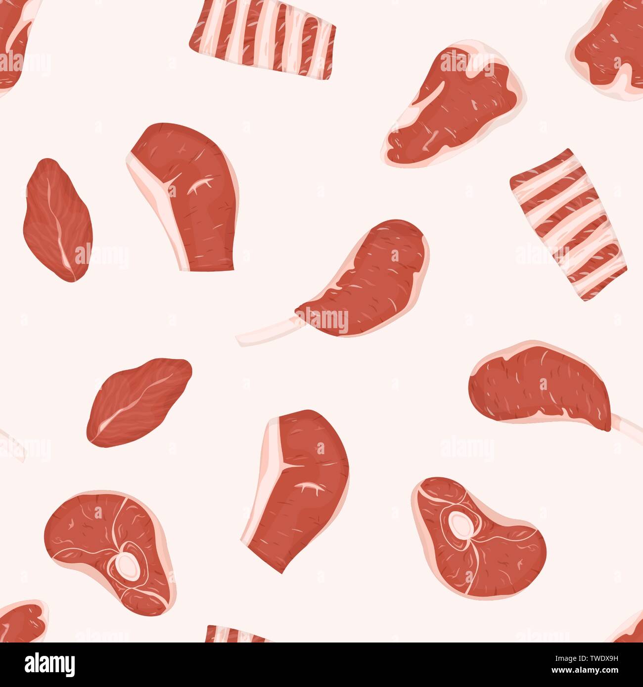 Set of red raw meats cuts. Vector Illustration. Seamless pattern ...