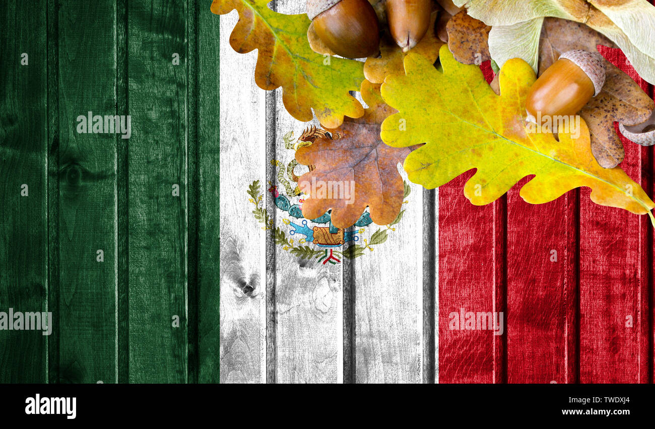 Mexico flag on autumn wooden background with leaves and good place for ...