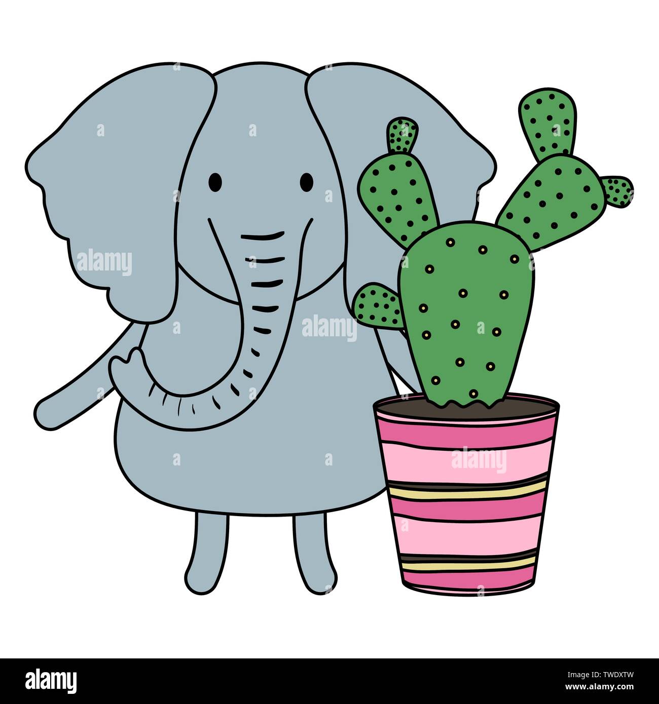 cute elephant with exotic cactus in ceramic pot vector illustration ...