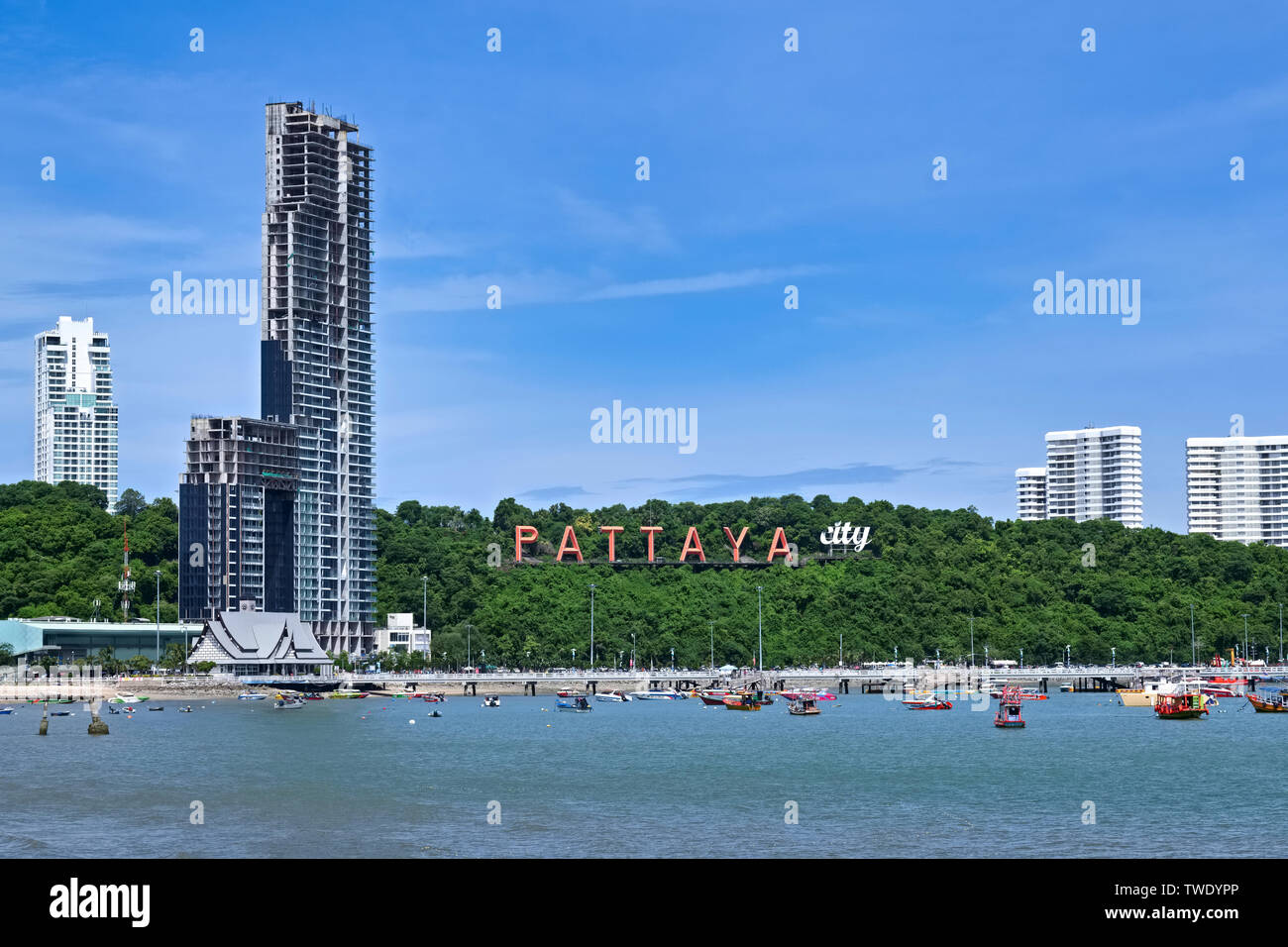 View across the southern end of Pattaya bay, with a large 'Pattaya City ...