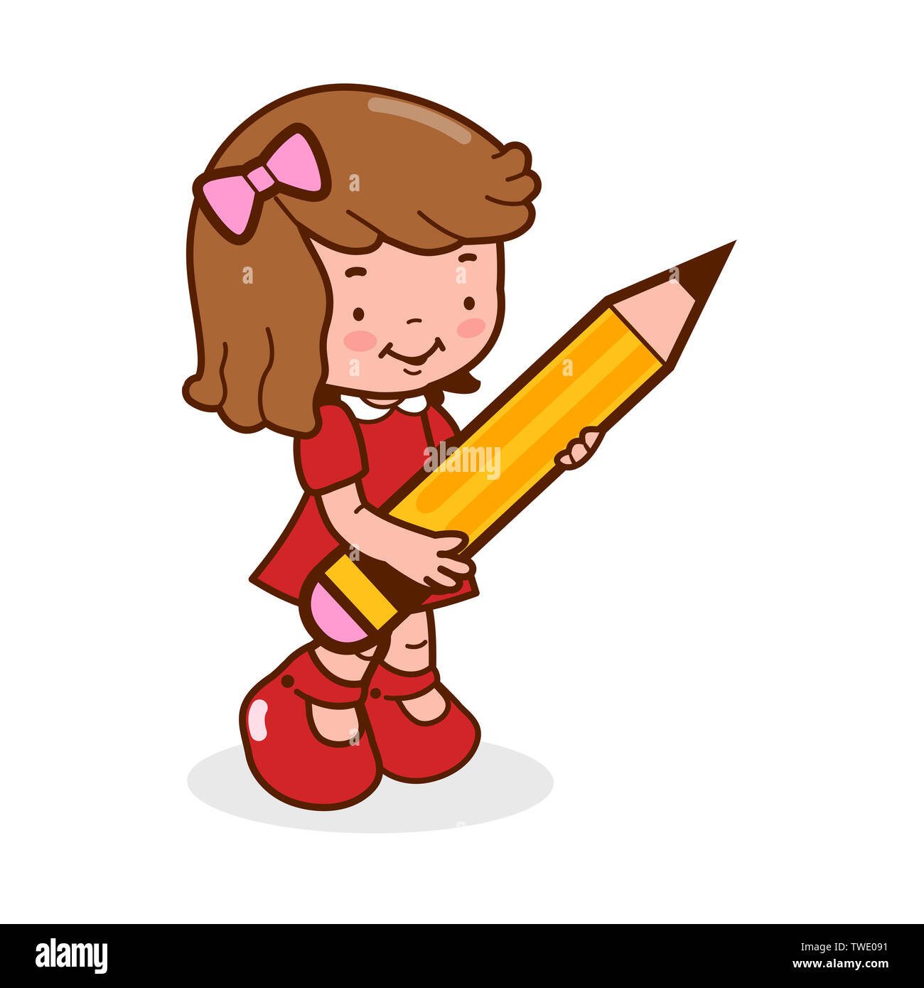 Little girl student at school holding a big pencil. Child doing ...