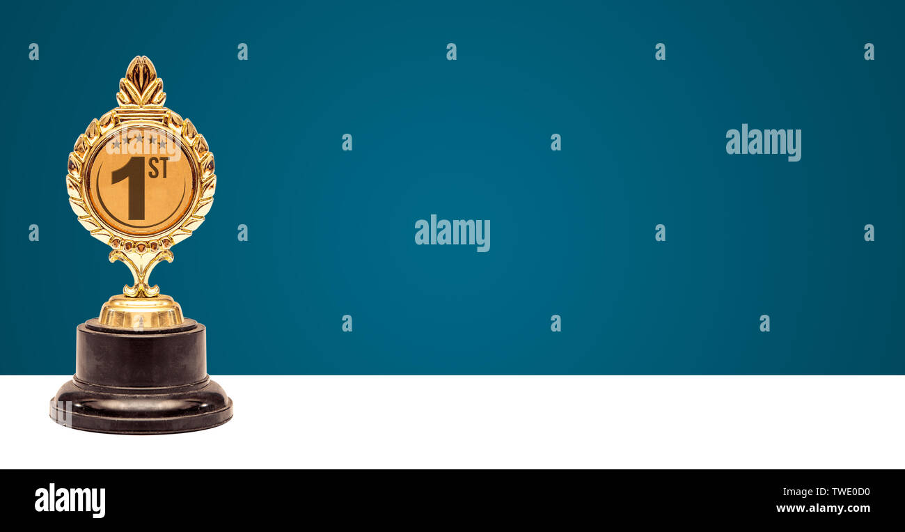 1st position award banner, Winner award with Trophy Stock Photo - Alamy