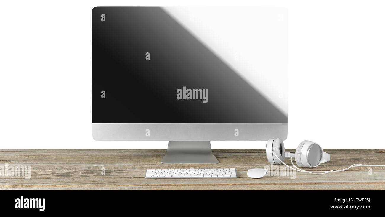 Computer Monitor Black Screen With Keyboard On White Table Education