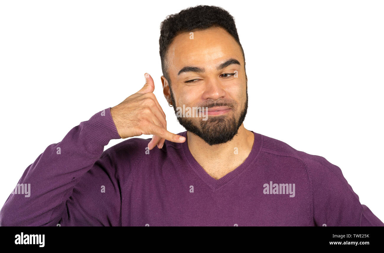 Call center. Man showing call sign. Business people concept Stock Photo ...