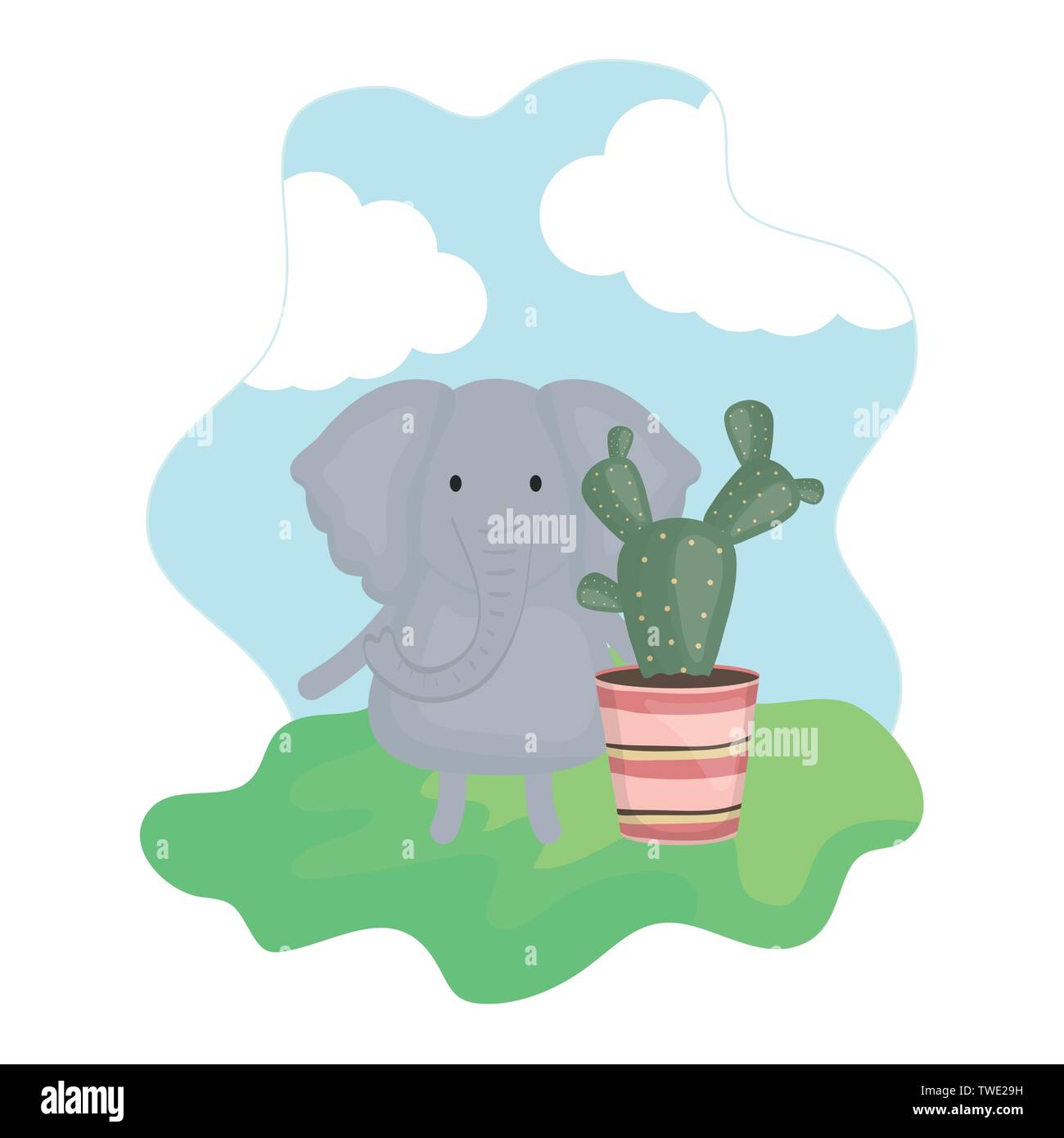 cute elephant with exotic cactus in ceramic pot vector illustration ...