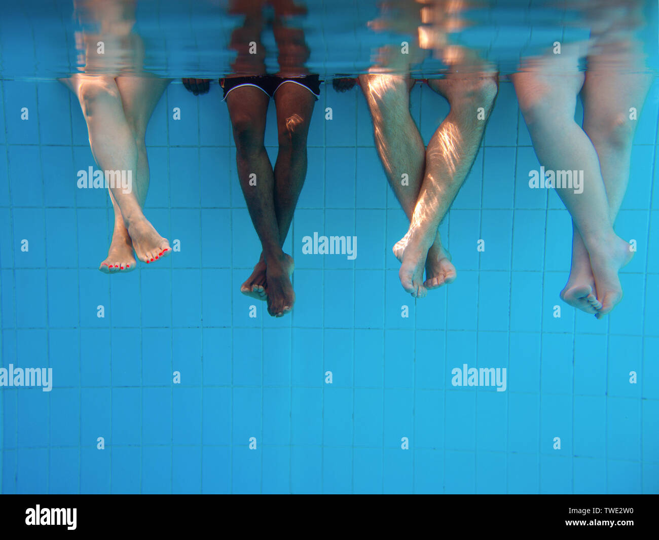 four people legs underwater in the swimming pool. Friends. Party ...