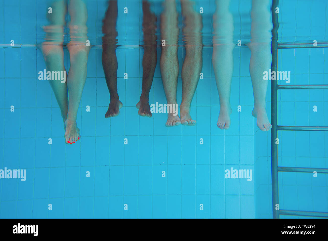 four people legs underwater in the swimming pool. Friends. Party ...