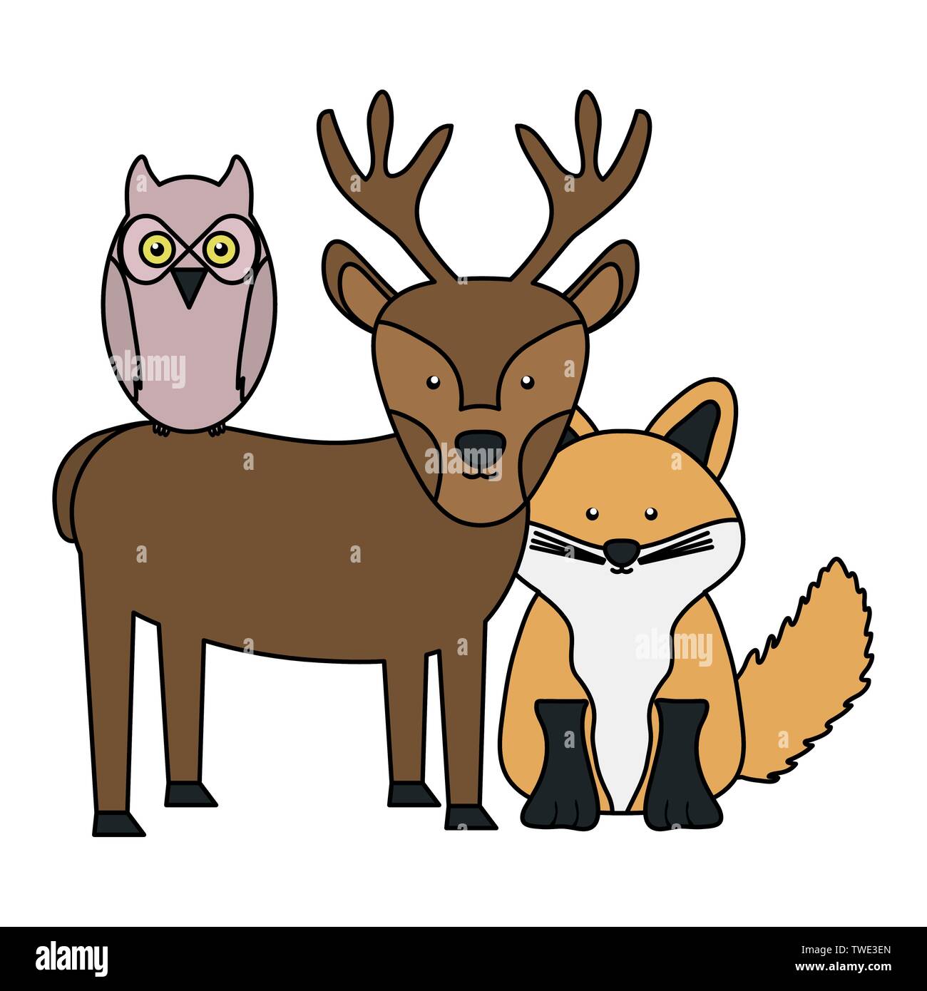 cute fox and reindeer with owl woodland characters vector illustration ...
