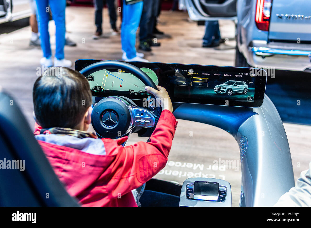 Paris, France, Oct 05, 2018 Mercedes driving simulator, cockpit ...