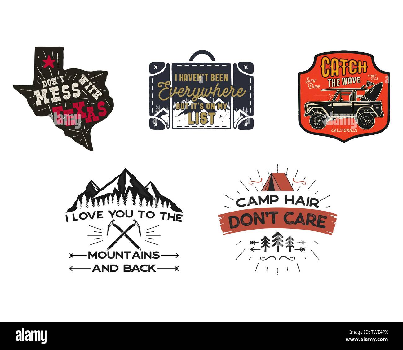 Vintage travel logos patches set. Hand drawn camping labels designs ...