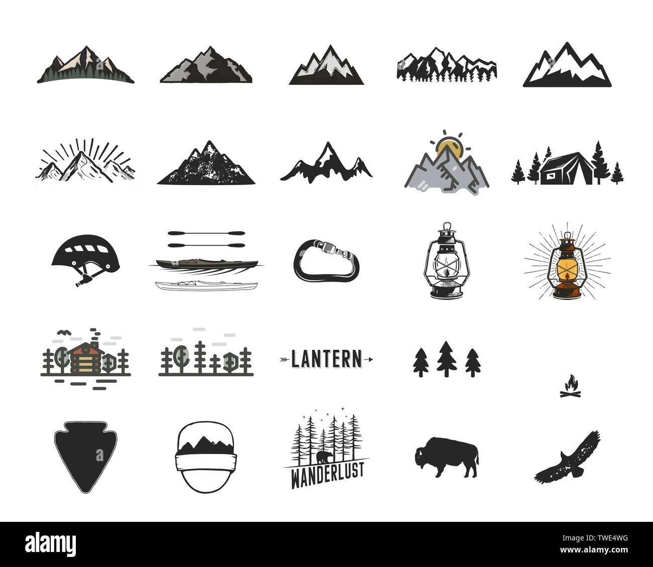 Vintage camping icons and adventure symbols illustrations set. Hiking ...