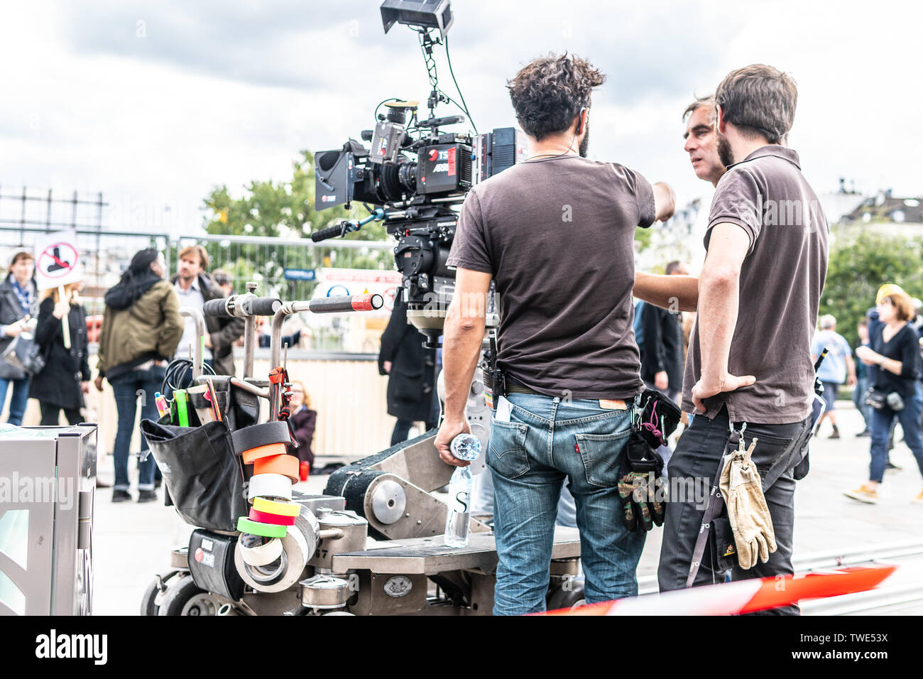 Paris, France, October 11, 2018: film set production, near Notre-Dame ...