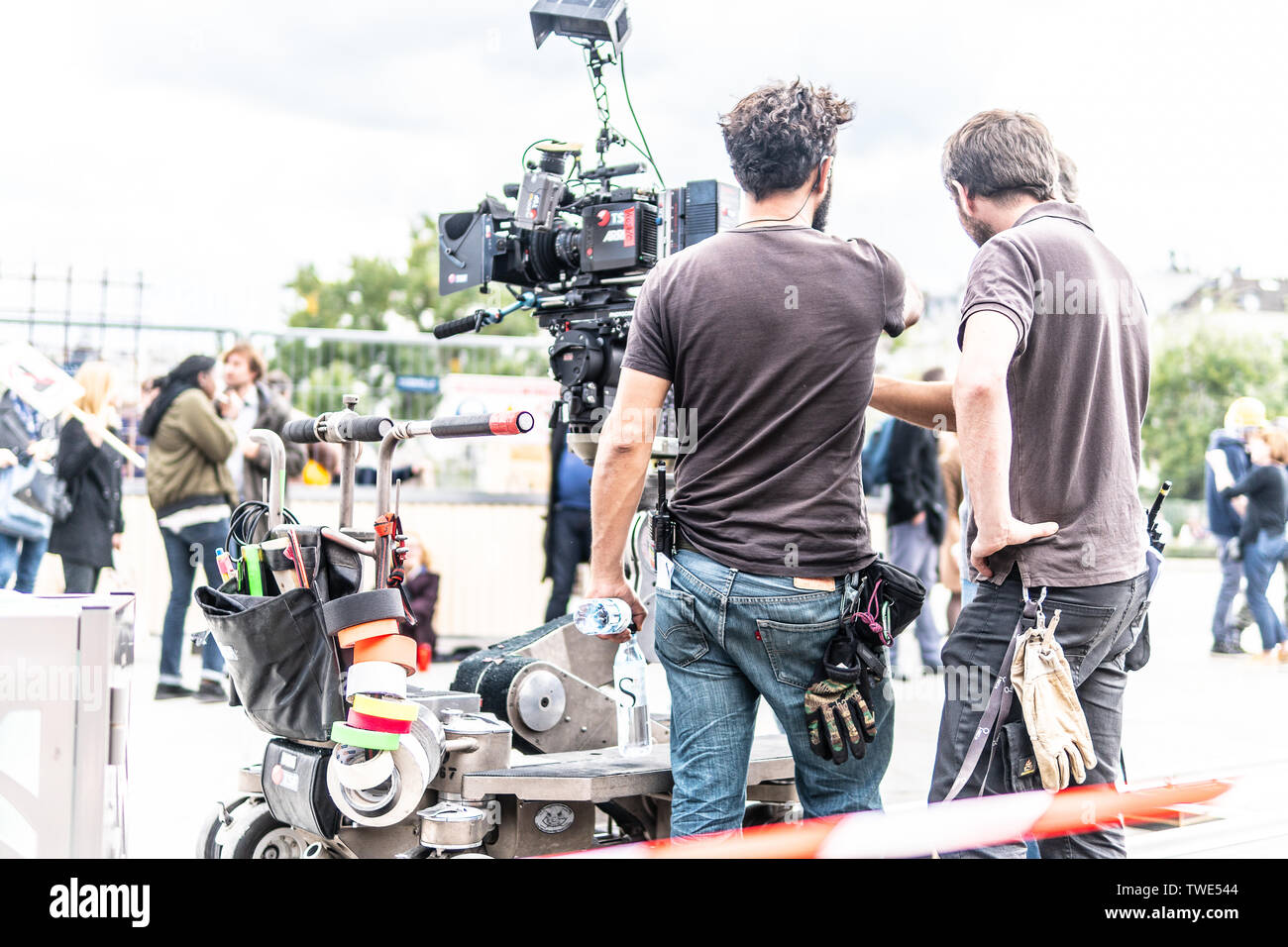 Paris, France, October 11, 2018: film set production, near Notre-Dame ...