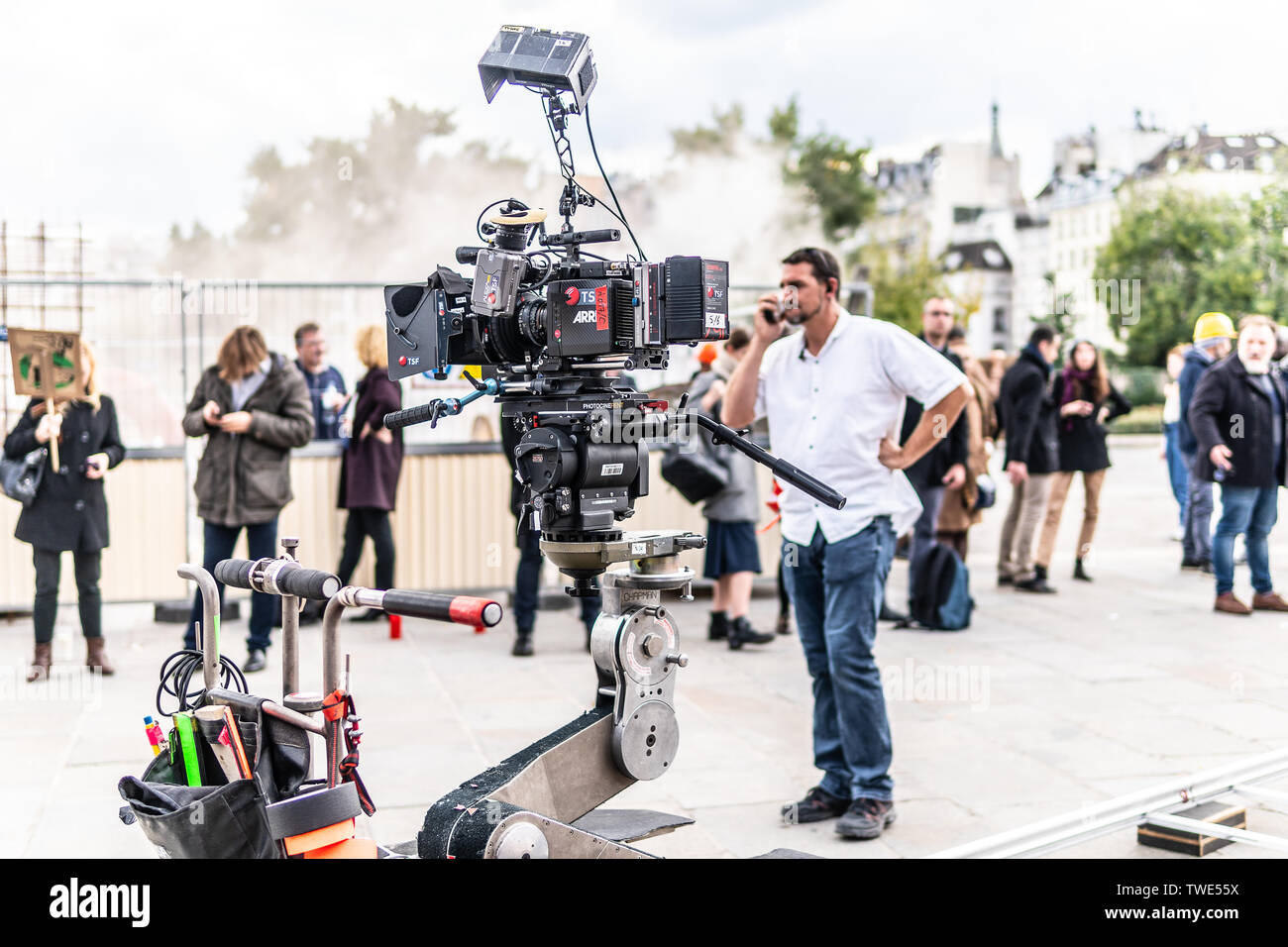 Paris, France, October 11, 2018: film set production, near Notre-Dame ...