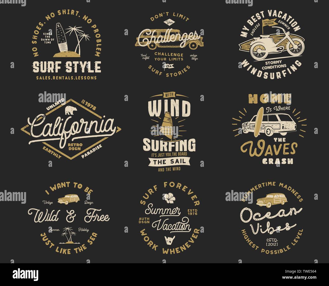 Vintage Surfing Graphics Set and Emblems for web design or print ...