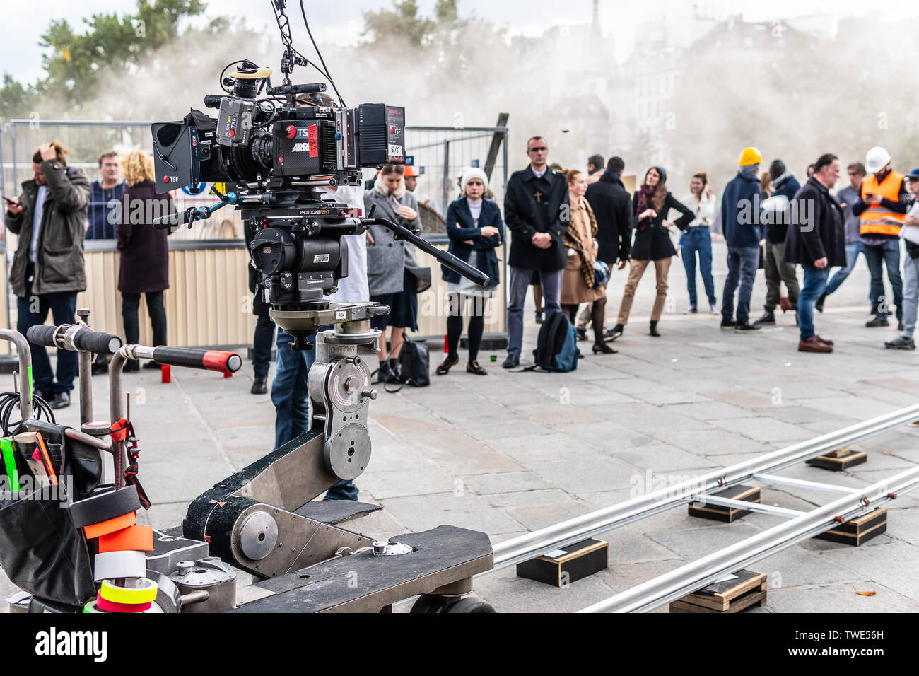 Paris, France, October 11, 2018: film set production, near Notre-Dame ...
