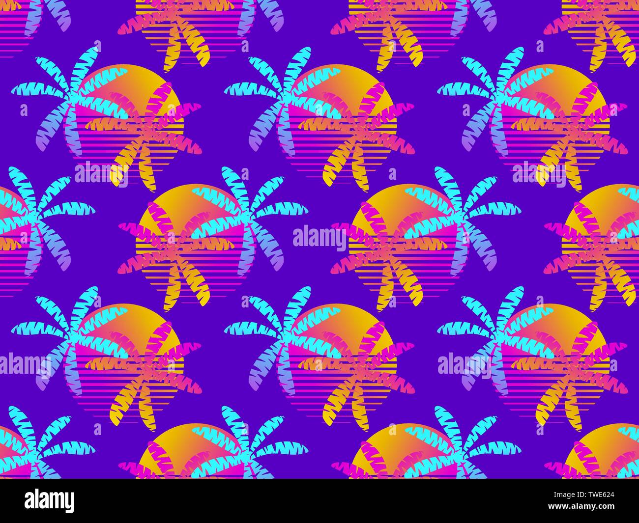 Seamless pattern with palm trees and the sun, colorful gradient in the ...