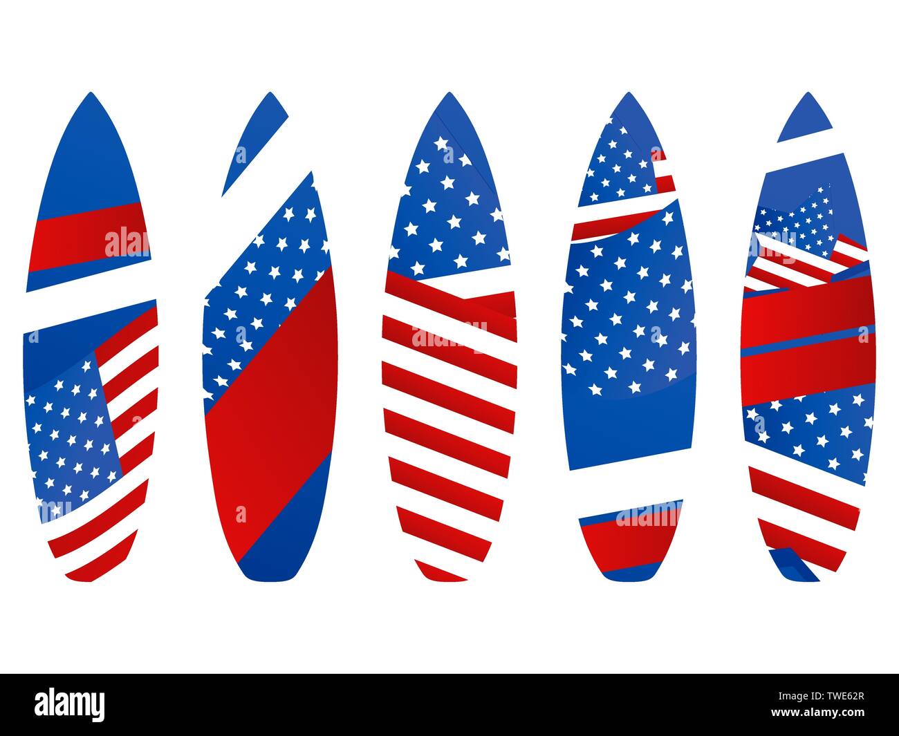 Surfboards with USA flag on a white background. Types of surfboards ...