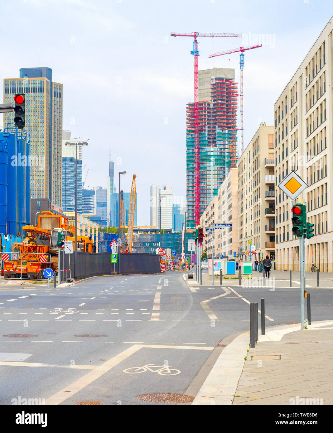 Frankfurt urban cityscape, industrial plant building, cranes by ...