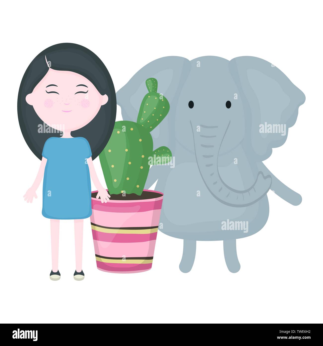 cute elephant and girl with exotic cactus in ceramic pot vector ...