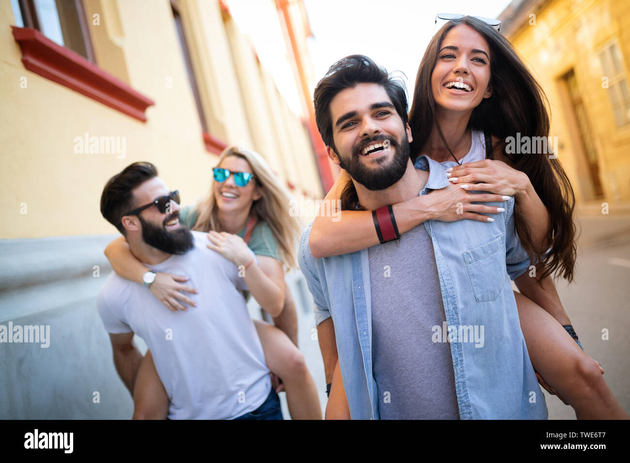 Group of friends hanging out, having fun and enjoying summer days Stock ...