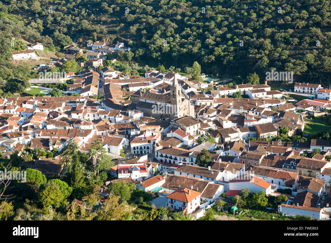 Overhead oblique angle view of village of Alajar, Sierra de Aracena ...