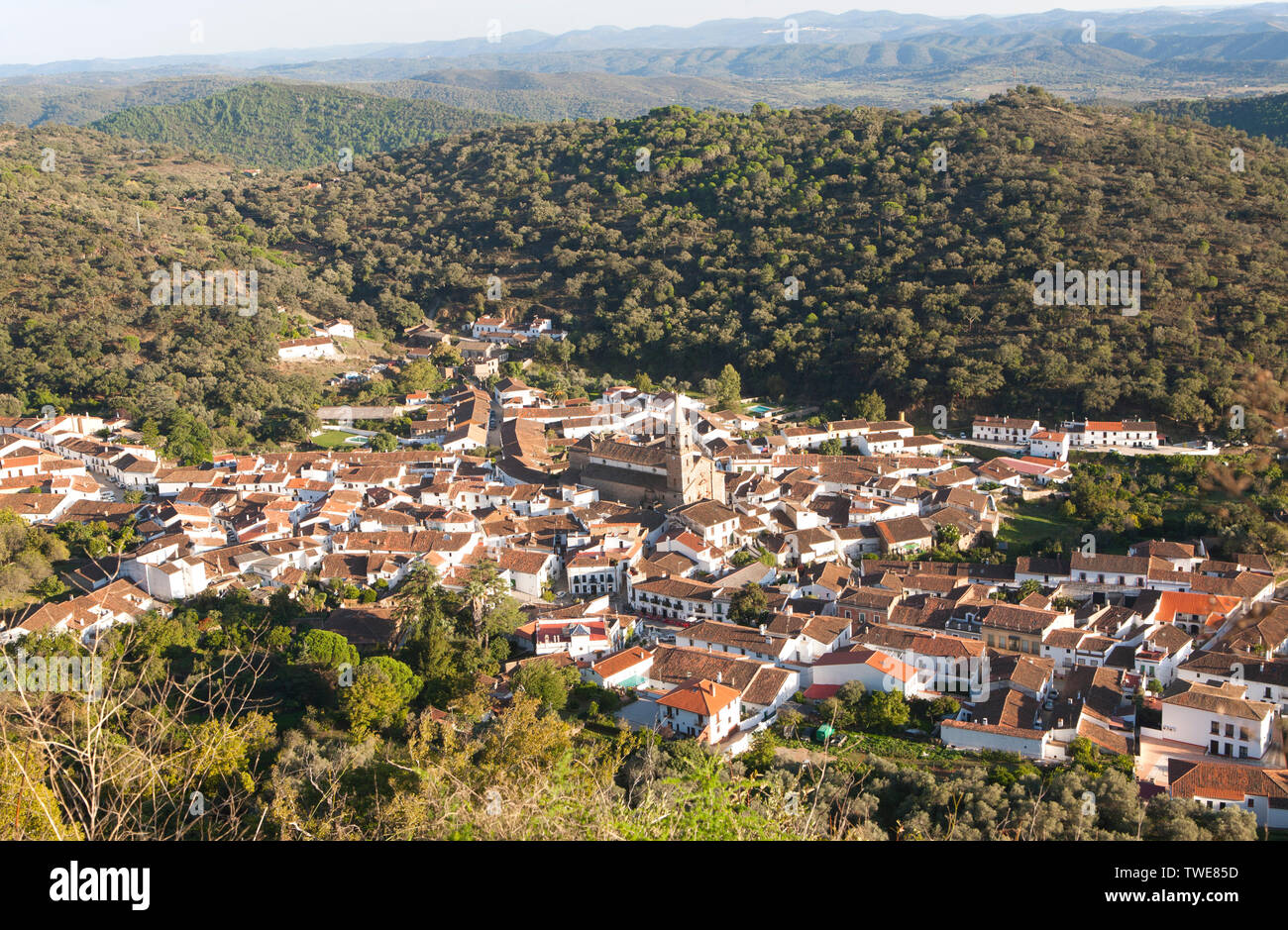 Overhead oblique angle view of village of Alajar, Sierra de Aracena ...