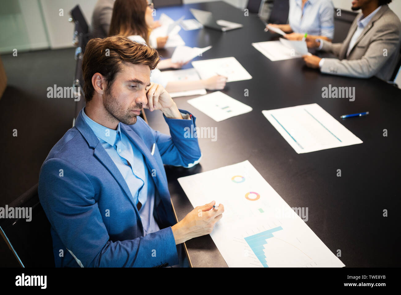 Group of unsuccessful business people and badly managed company leads ...