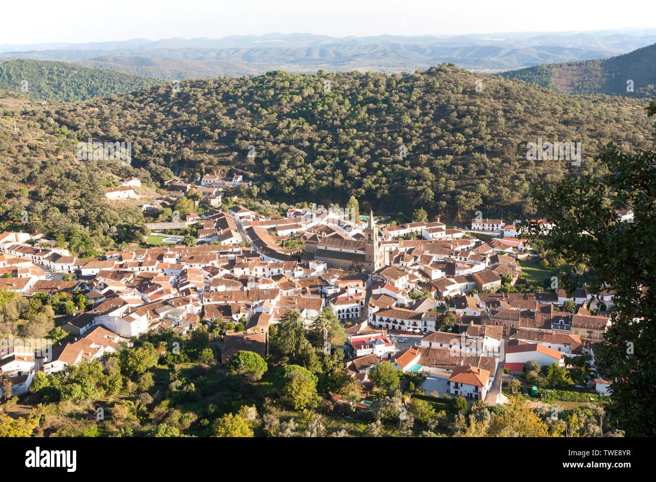 Overhead oblique angle view of village of Alajar, Sierra de Aracena ...