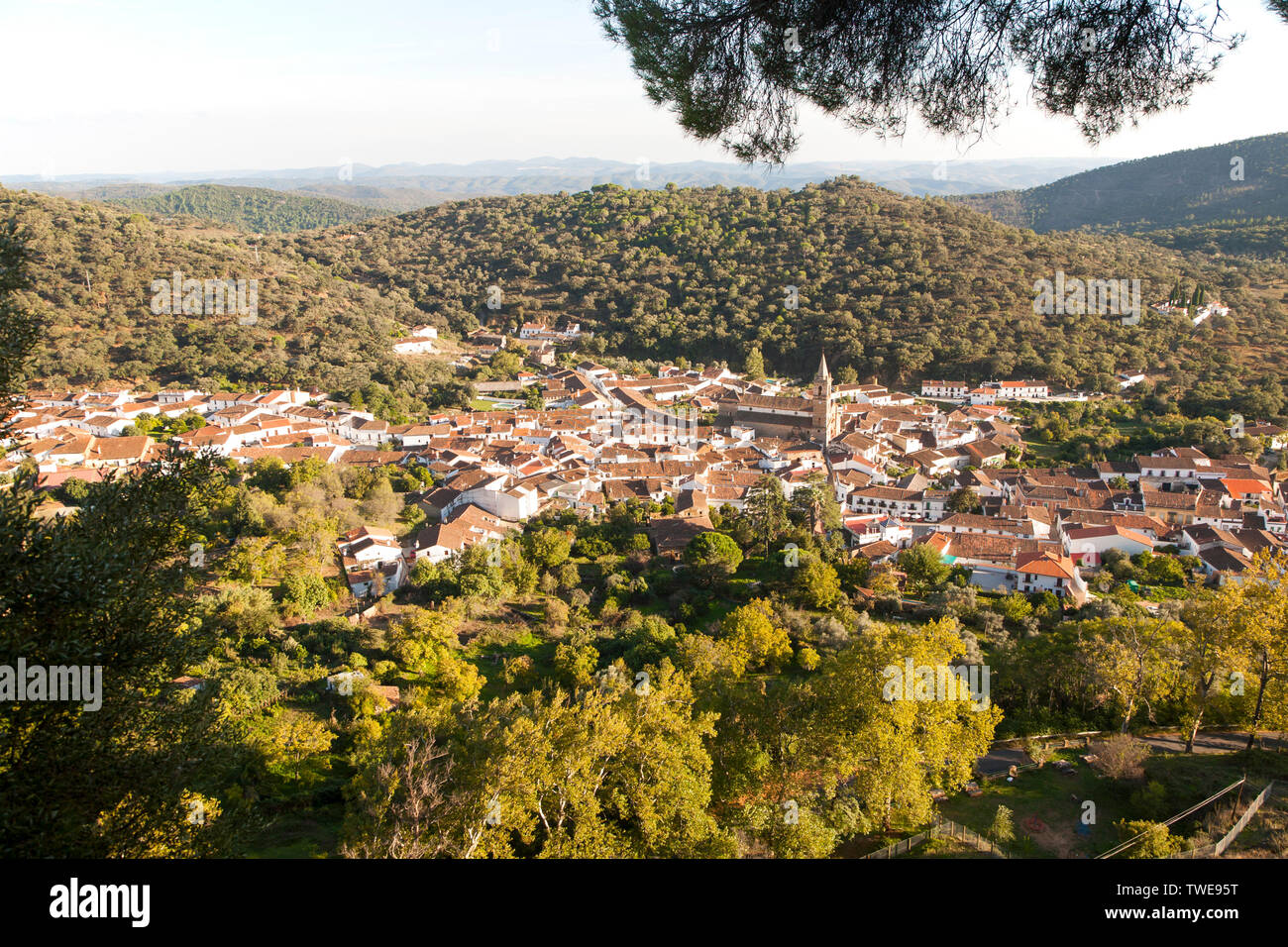 Overhead oblique angle view of village of Alajar, Sierra de Aracena ...