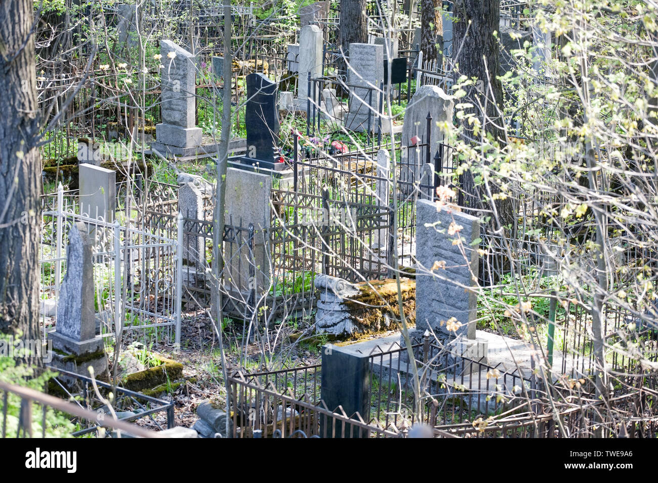 stone cemetery grave monuments closeup view on spring outdoor ...