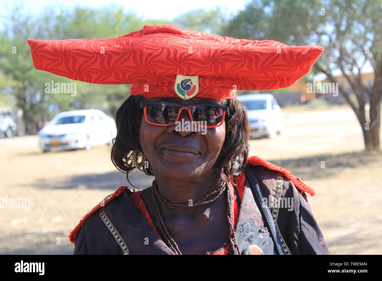 04 June 2019, Namibia, Okahandja: A Herero woman wears the traditional ...