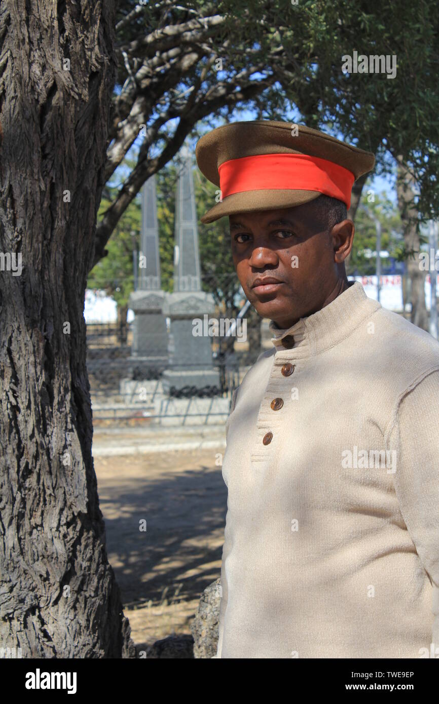Okahandja, Namibia. 04th June, 2019. Emmanuel Zaakuje (55) wears the ...