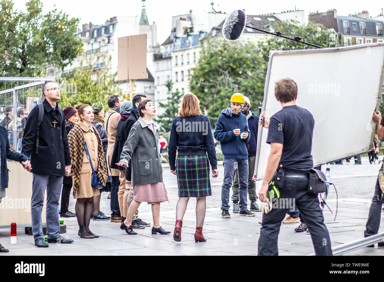 Paris, France, October 11, 2018: film set production, near Notre-Dame ...