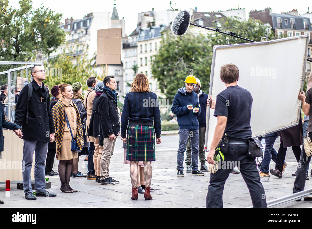 Paris, France, October 11, 2018: film set production, near Notre-Dame ...