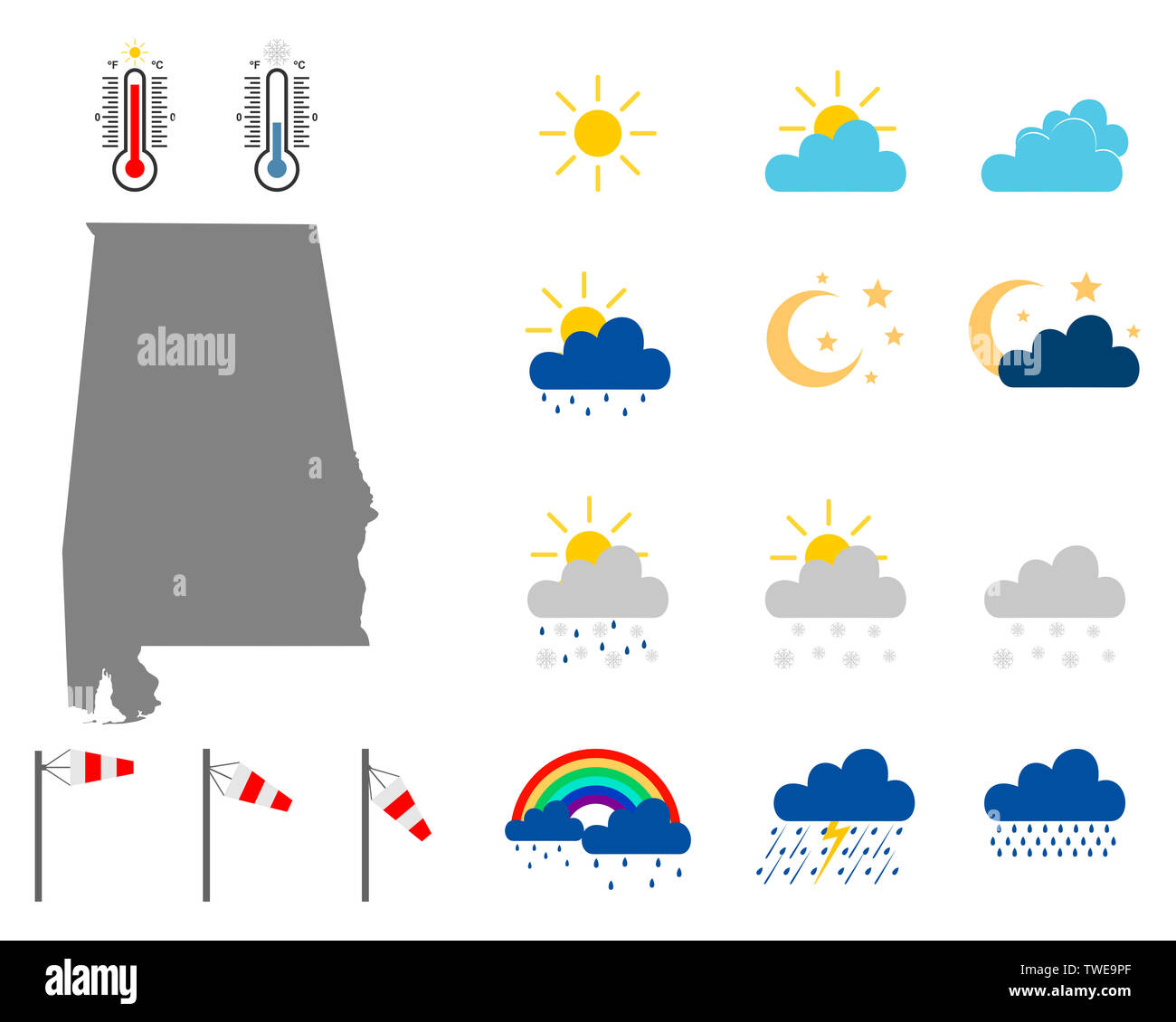 Map of Alabama with weather symbols Stock Photo - Alamy