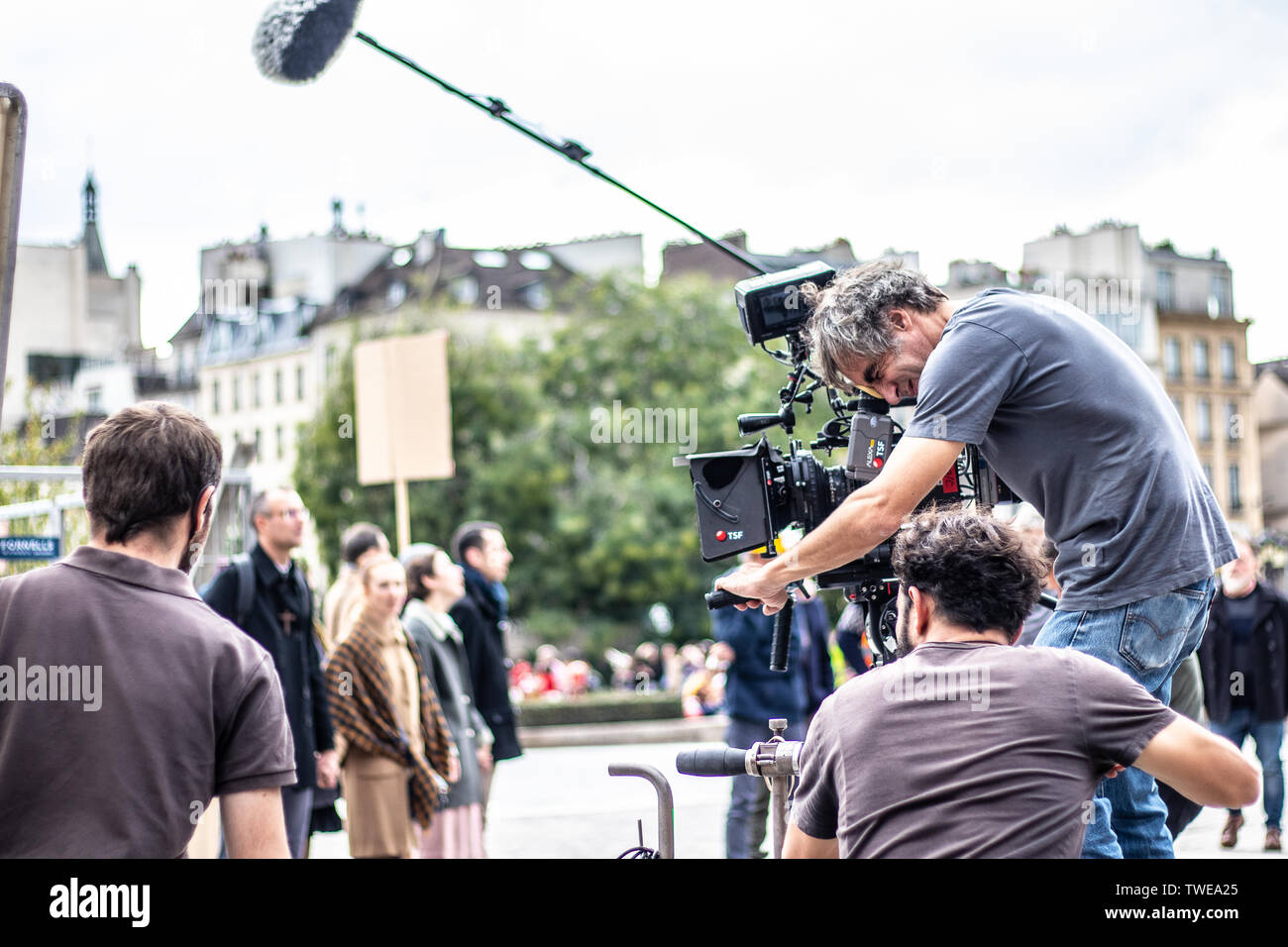 Paris, France, October 11, 2018: film set production, near Notre-Dame ...