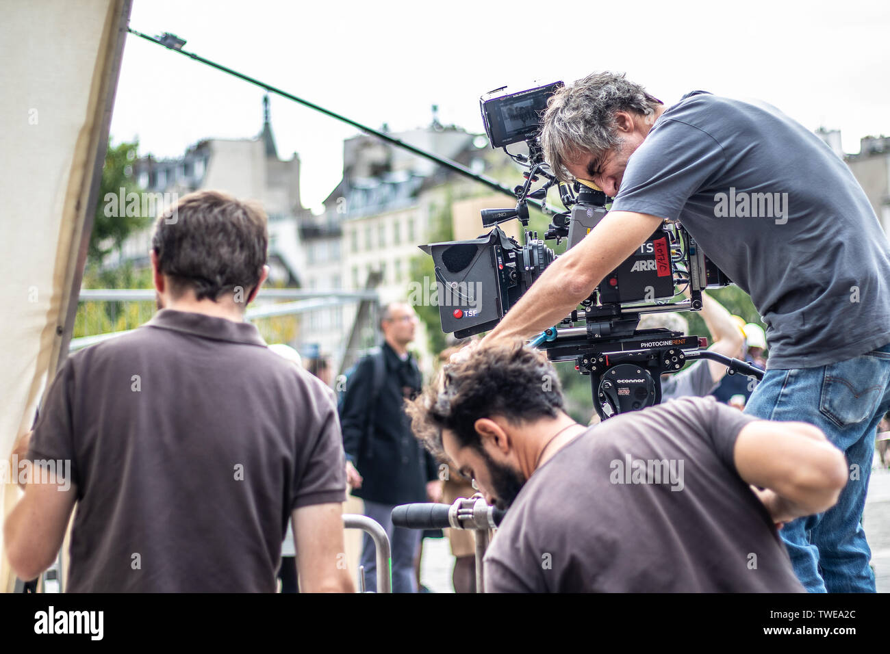 Paris, France, October 11, 2018: film set production, near Notre-Dame ...