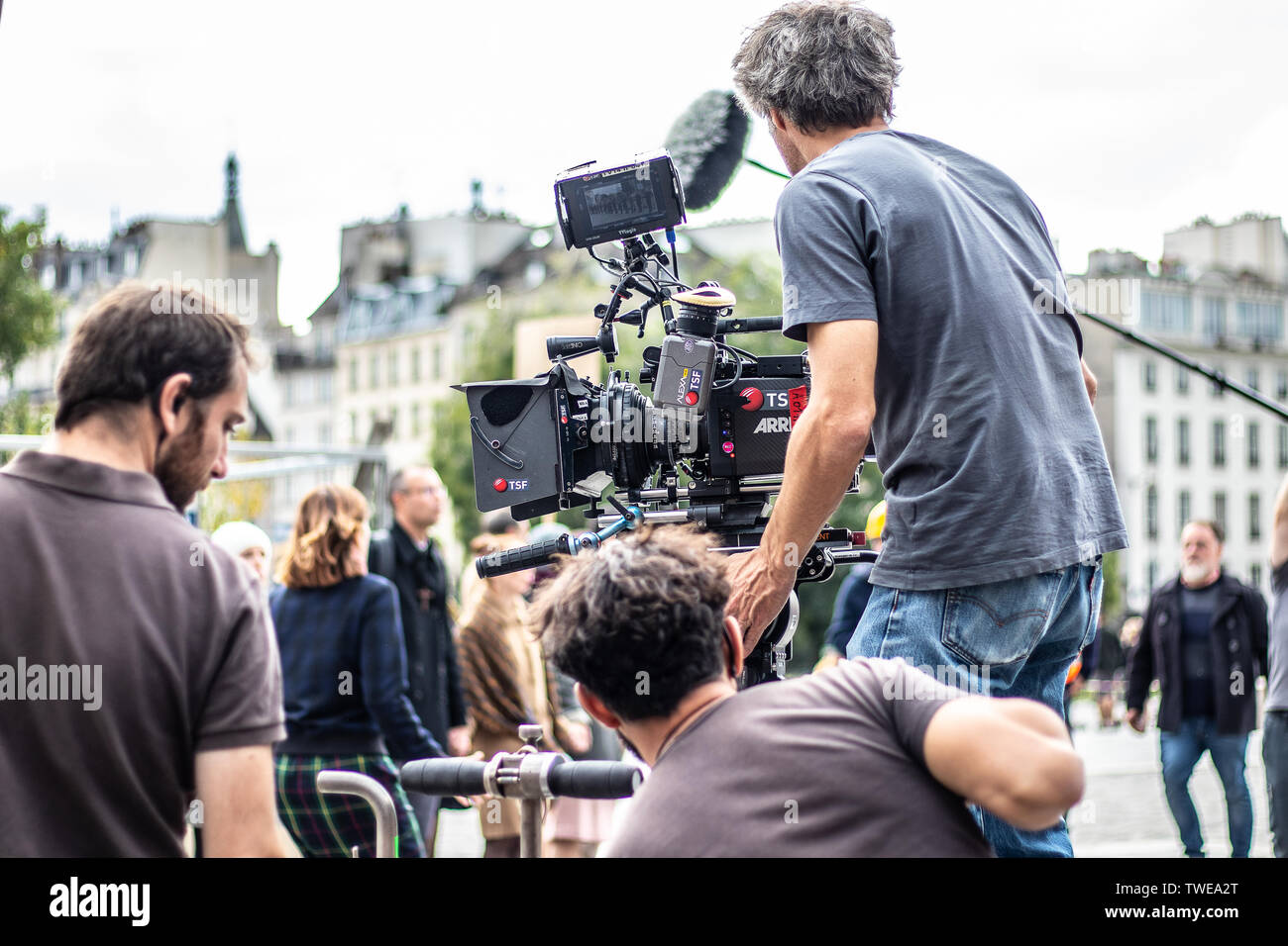 Paris, France, October 11, 2018: film set production, near Notre-Dame ...