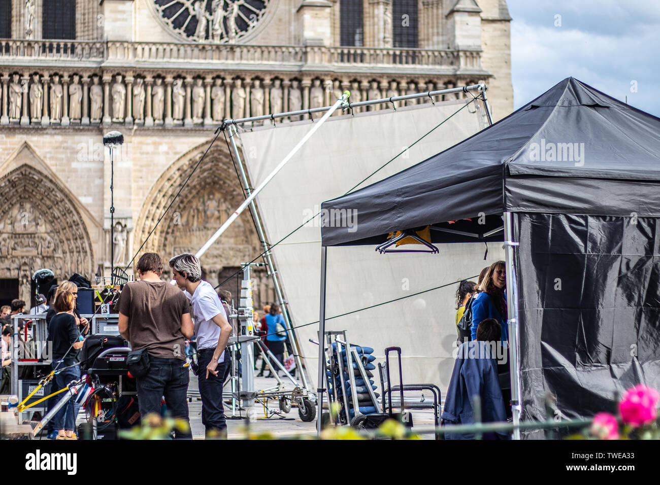 Paris, France, October 11, 2018: film set production, near Notre-Dame ...