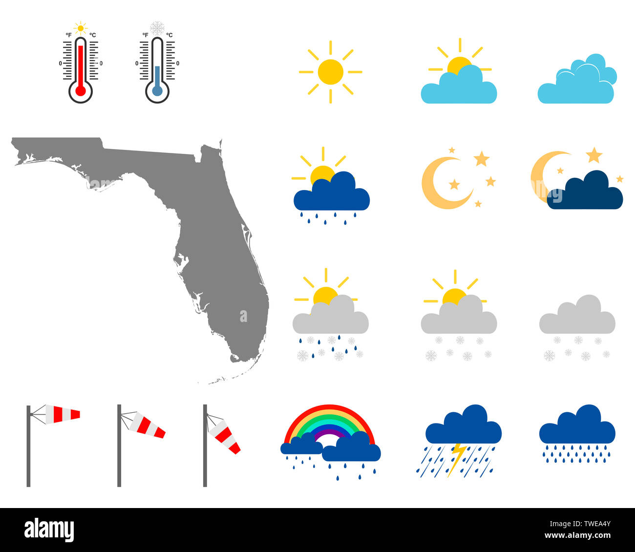Map of Florida with weather symbols Stock Photo - Alamy