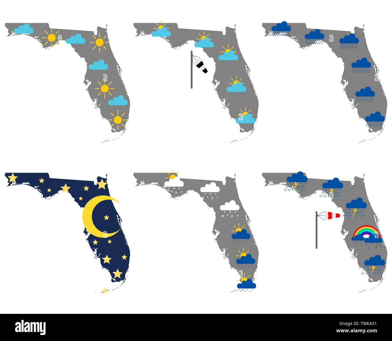 Maps of Florida with various weather symbols Stock Photo - Alamy