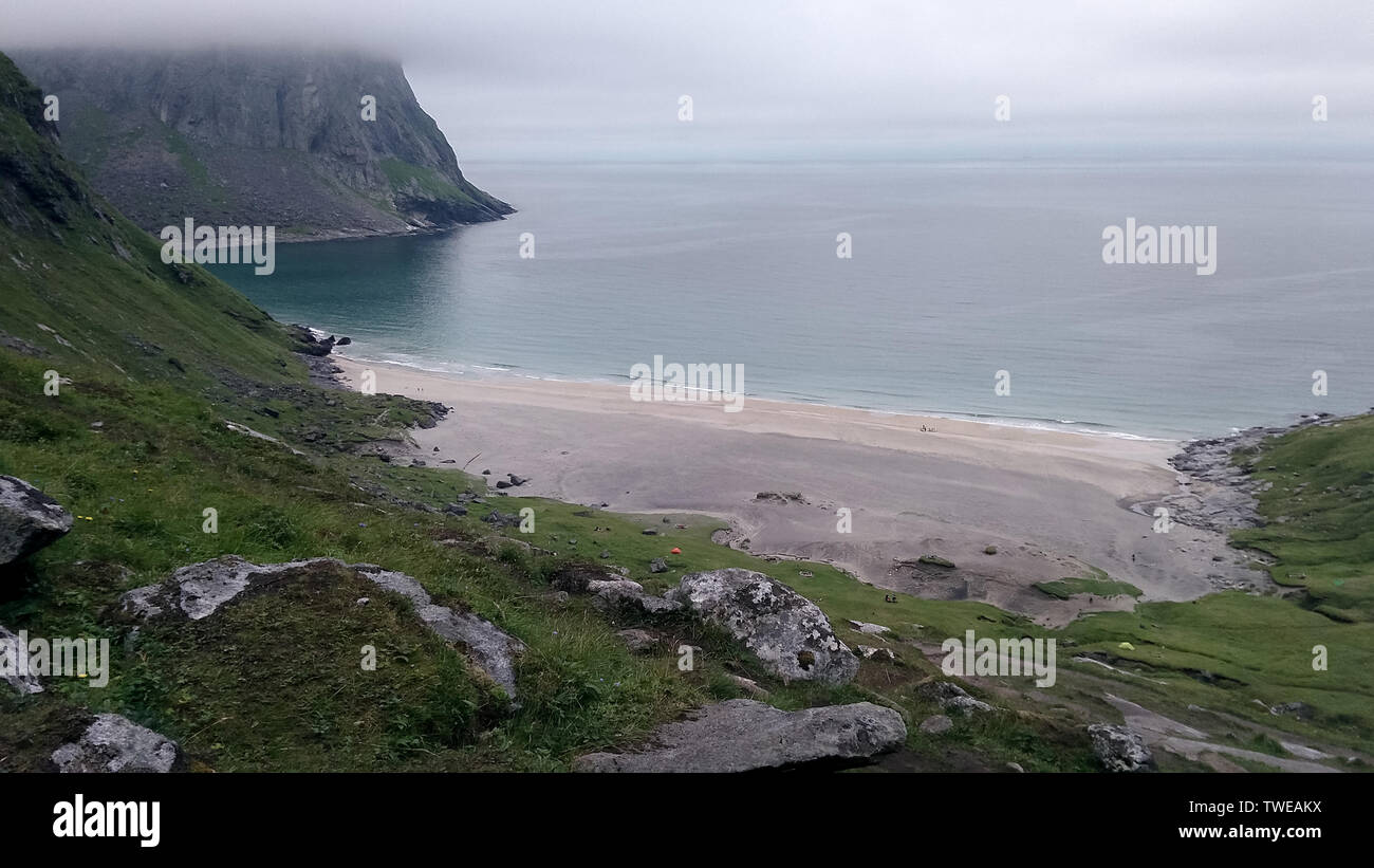 Arctic ocean beautiful lagoon with sandy beach top view, Norway Stock ...