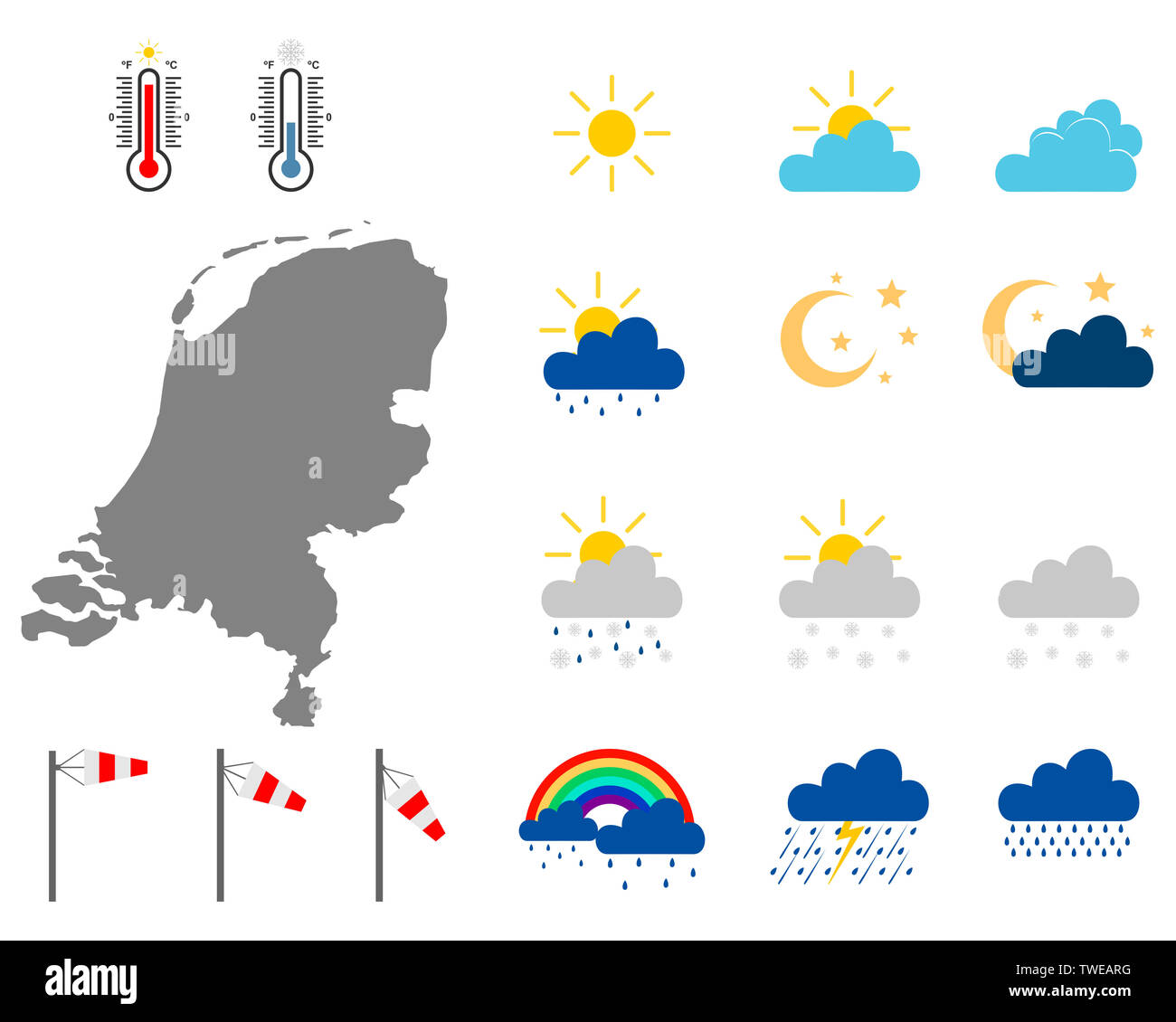 Map of the Netherlands with weather symbols Stock Photo - Alamy