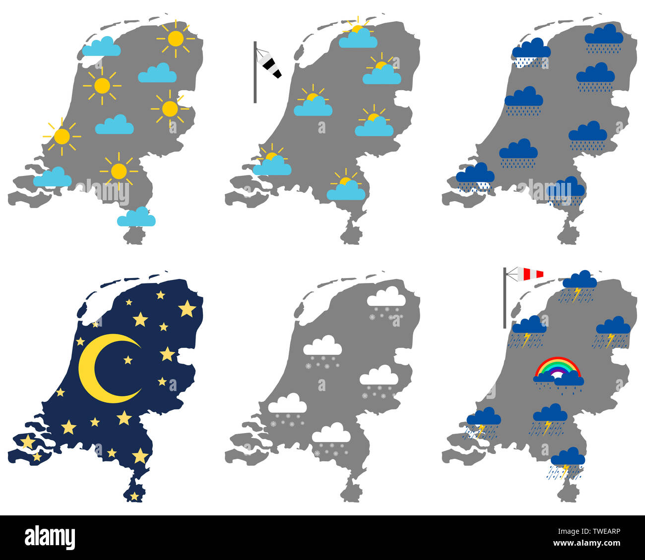 Maps of the Netherlands with various weather symbols Stock Photo - Alamy